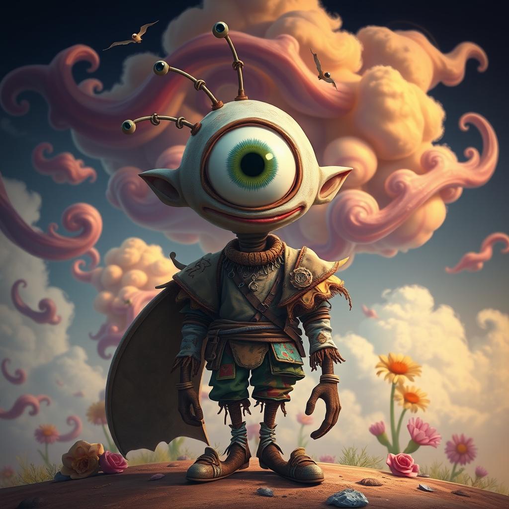 Surreal Character Design with Whimsical Proportions and Dreamlike Landscape