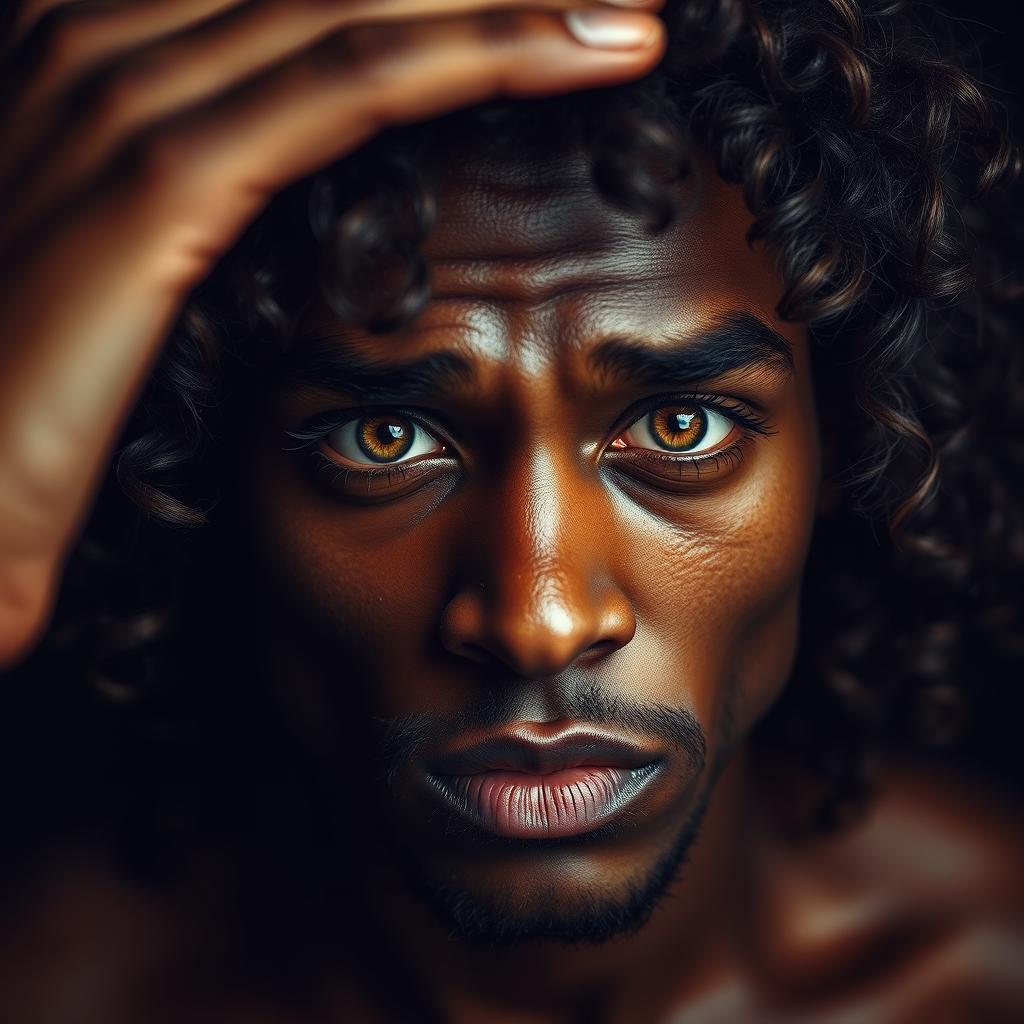 Dramatic Portrait of a Dark-Skinned Man with Emotional Depth