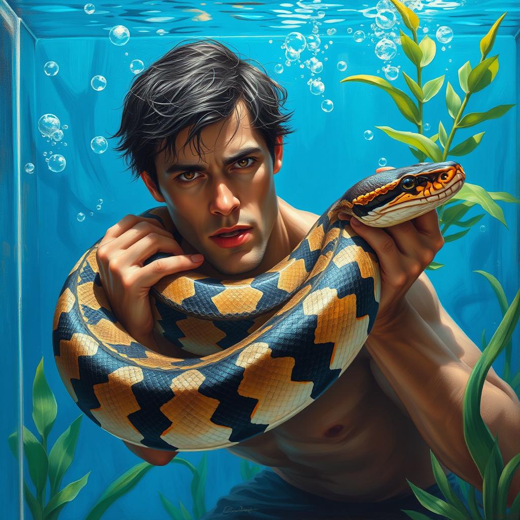 Intense Aquarium Art: Man and Burmese Python in Vivid Blue Waters