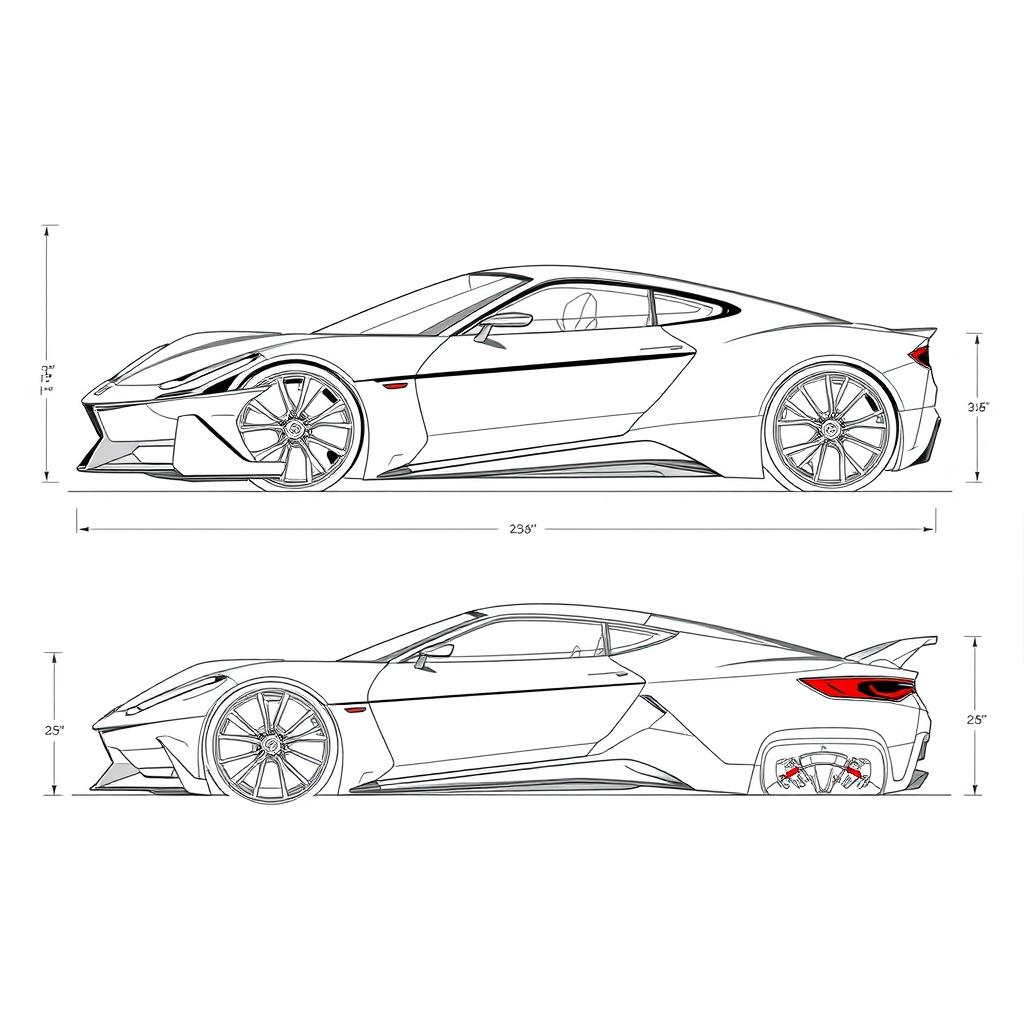 Technical Drawing of a Sleek Sports Car: Design & Engineering Details