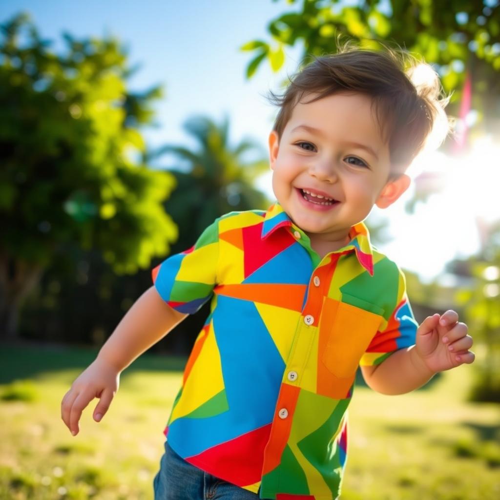 Joyful Childhood Moments: A Child in a Colorful Geometric Shirt