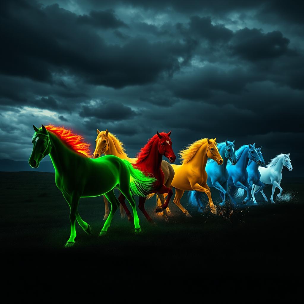 Dramatic Equine Journey: A Spectacle of Radiant Horses in a Stormy ...