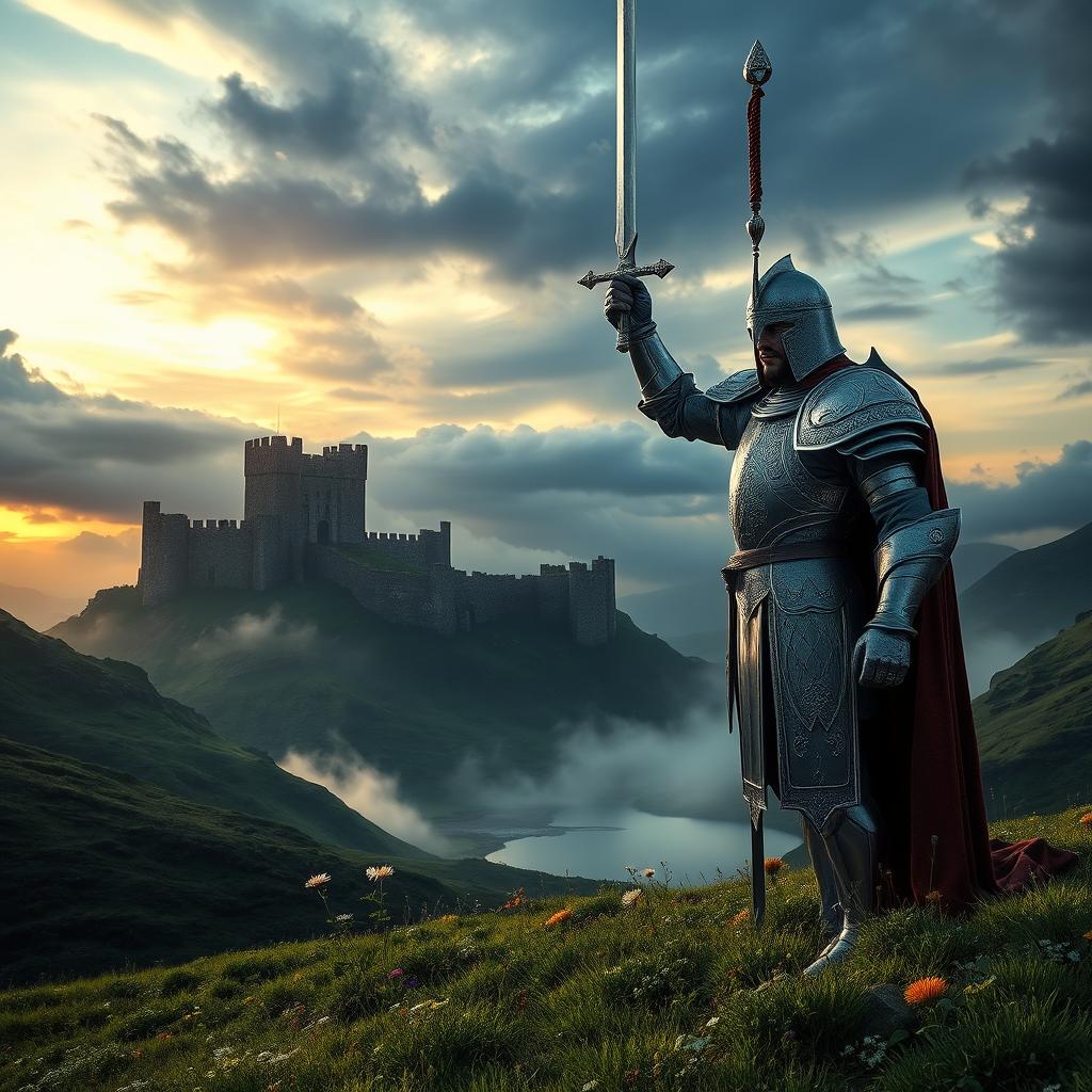 Epic King Arthur Fantasy Scene with Excalibur