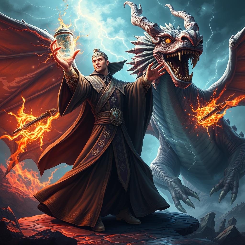 Epic Showdown: Grand Wizard vs. Colossal Dragon in a Fantasy Realm