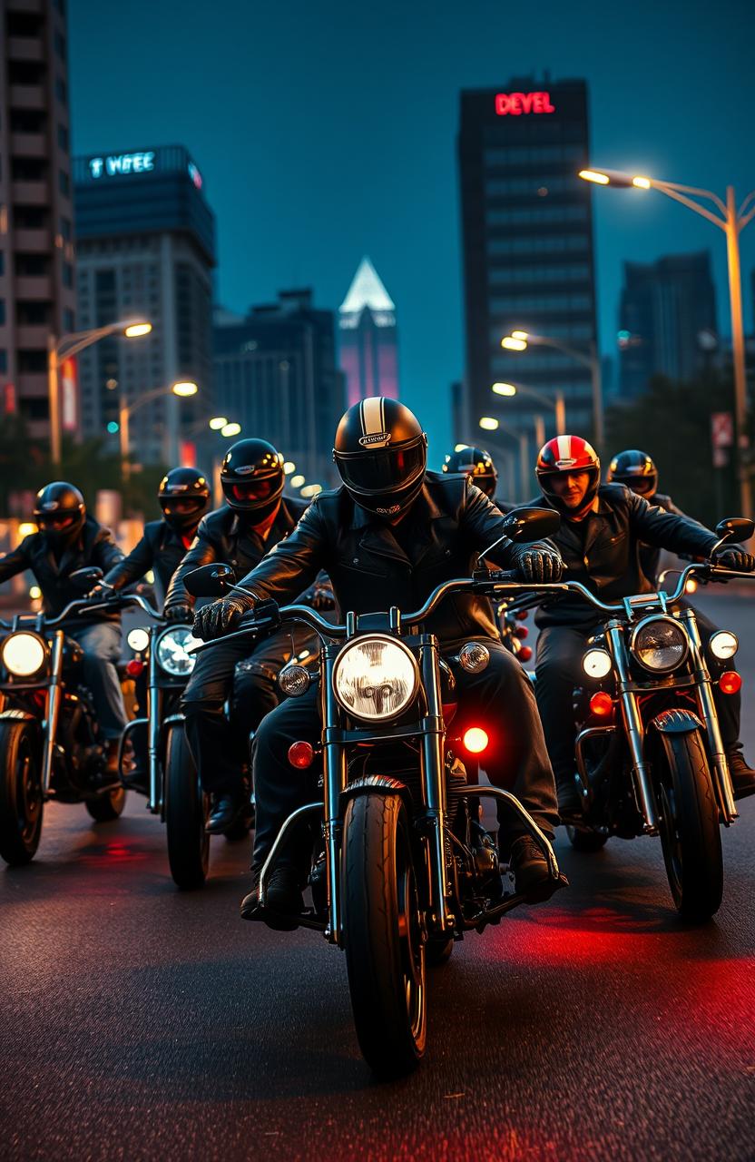 Dramatic Urban Night Ride: Motorcycle Gang in Neon Lights