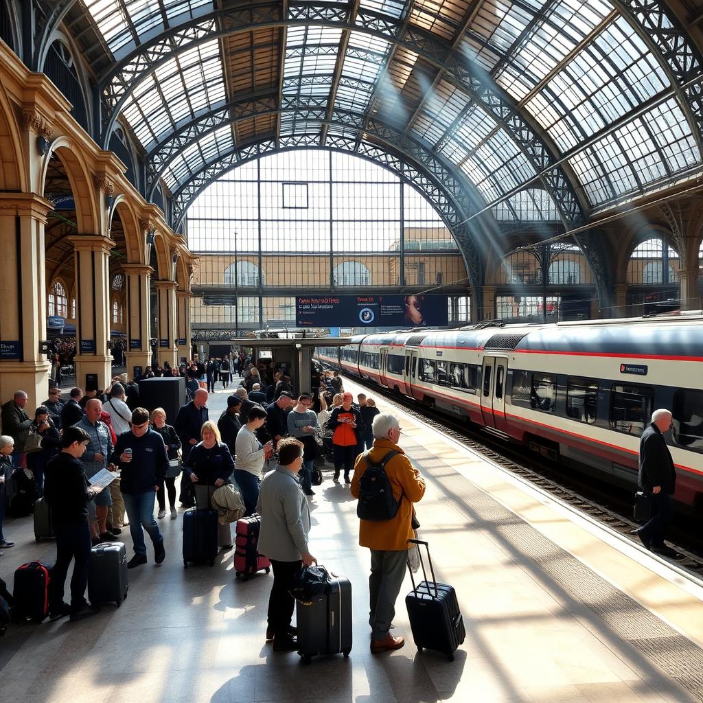 Vibrant Railway Station Scene: A Fusion of Modern and Classic Architecture