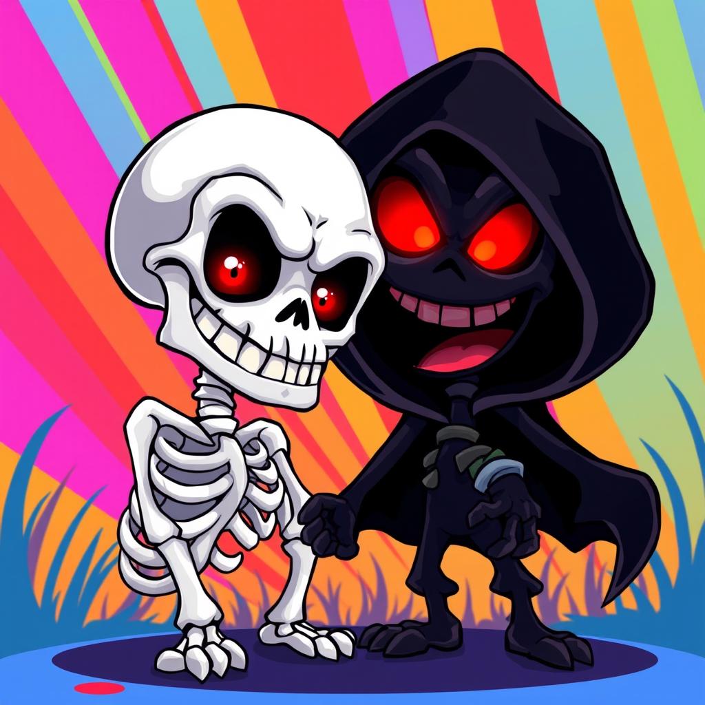 Vibrant Cartoon Illustration: Half Skeleton Half Shadow Character