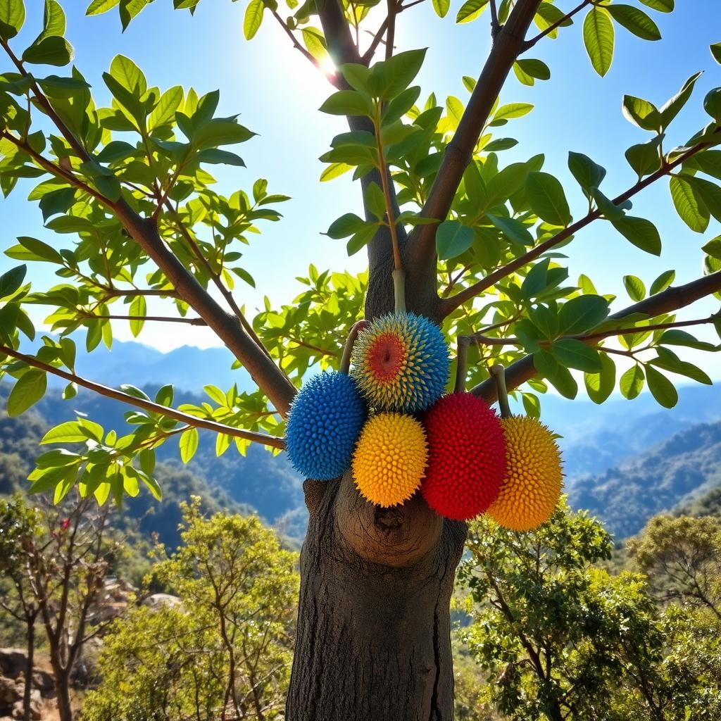 Whimsical Durian Tree in a Mountainous Landscape | AI Generated Art