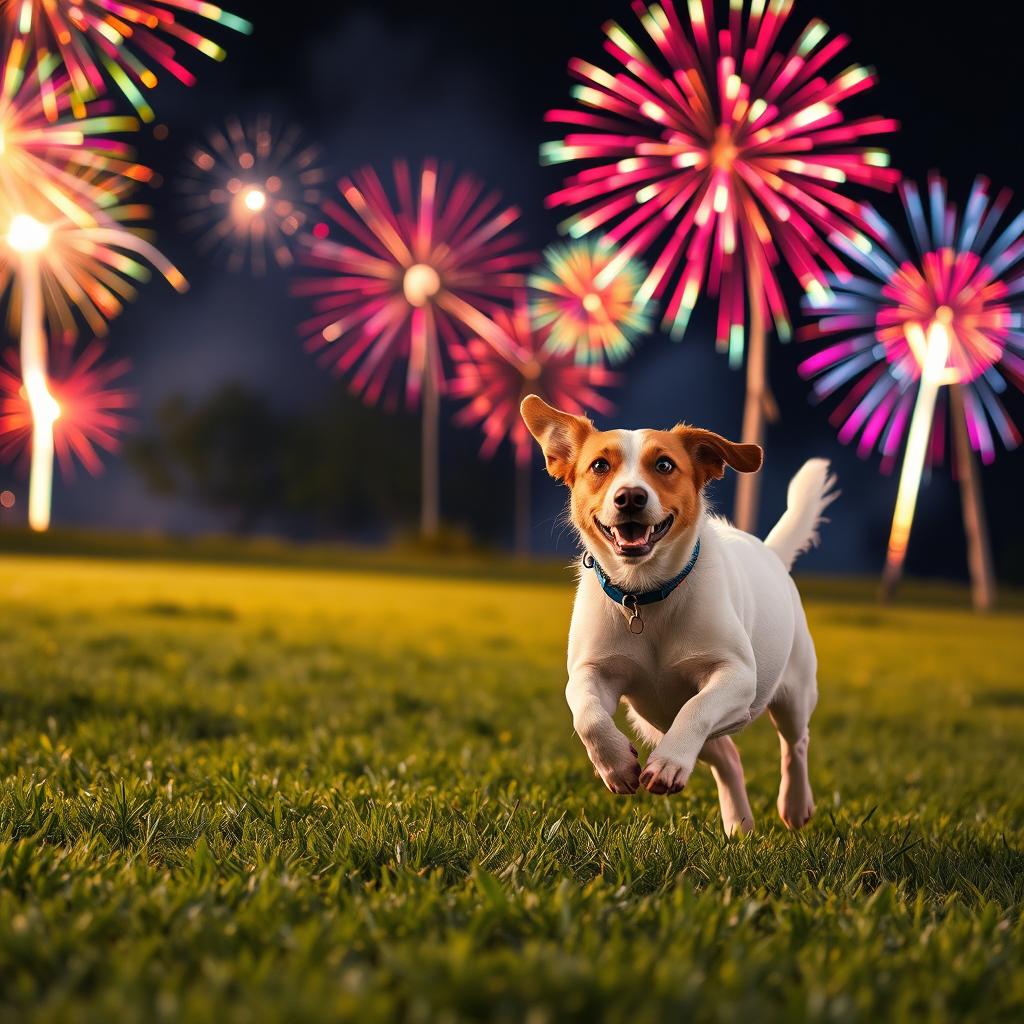 Playful Dog Chasing Goat Amidst Colorful Fireworks | Idyllic