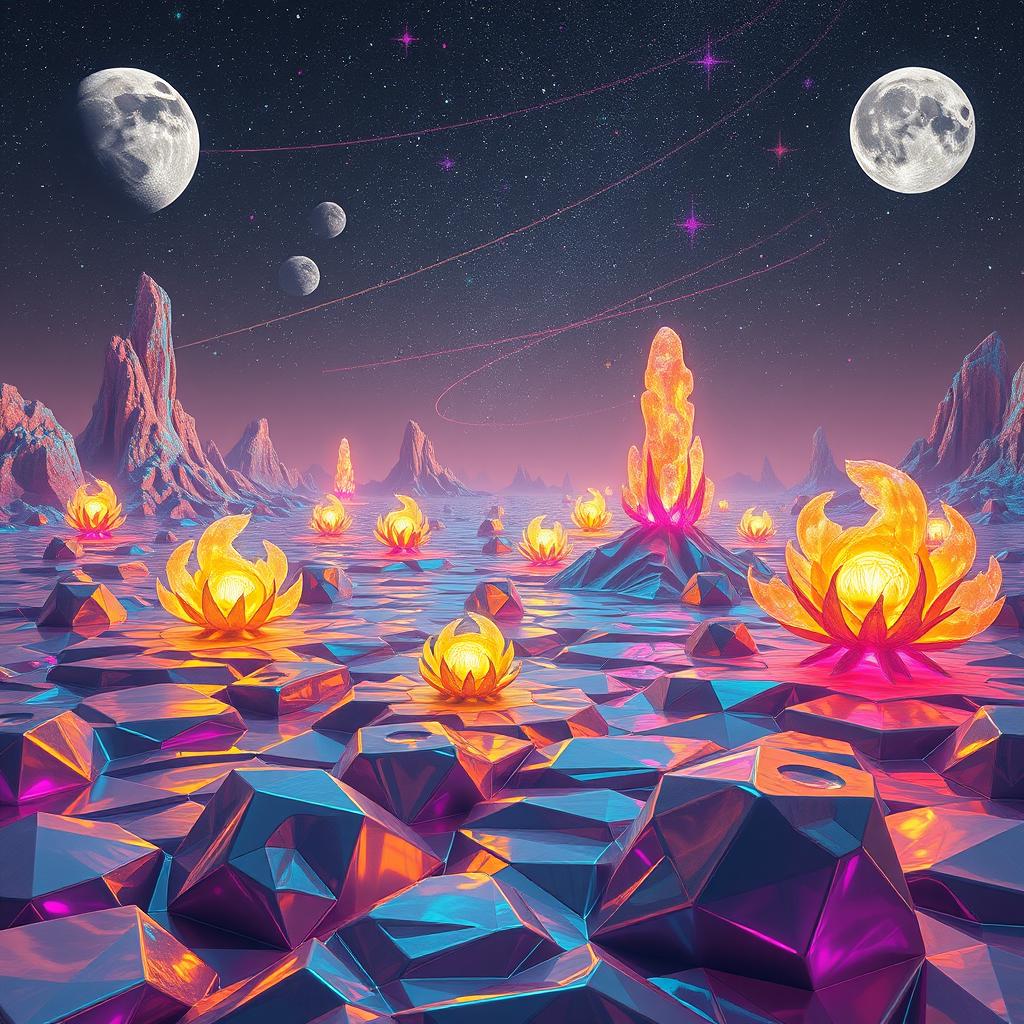 Explore a Surreal Silicon-Based World: Vibrant Crystals & Alien Landscapes