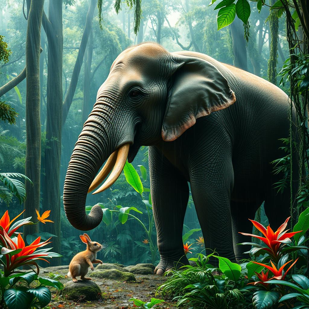 Surreal Elephant and Rabbit Encounter in a Lush Rainforest