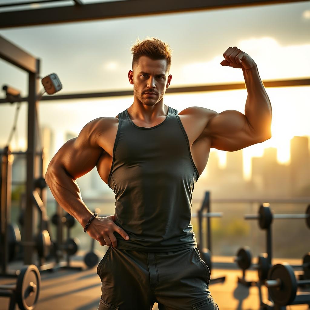 Dramatic Portrait of a Powerful Muscle Man in an Outdoor Gym