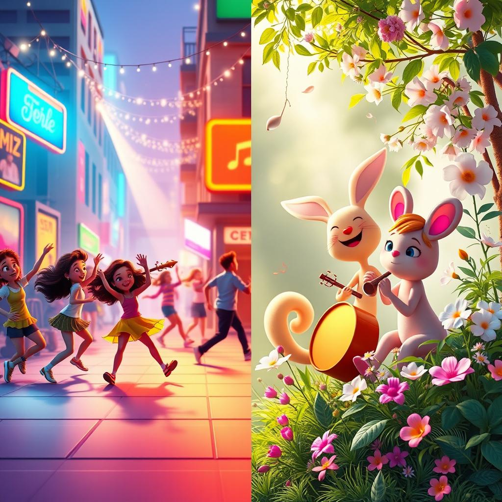 Dynamic Split-Screen Animation: Urban vs. Nature Dance Scene