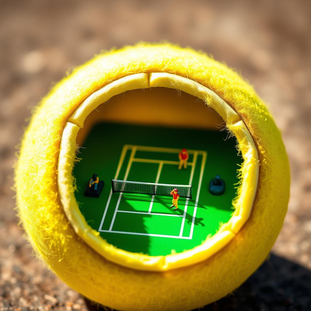 Vibrant Tennis Ball Reveals Miniature Tennis Court - A Unique AI Creation