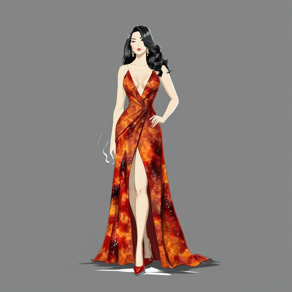 Stunning Cosmic-Inspired Fashion Illustration with Volcano Detail