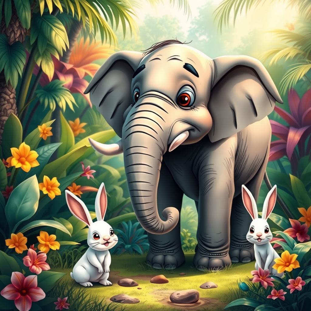 Whimsical Jungle Encounter: Elephant and Rabbit Friendship