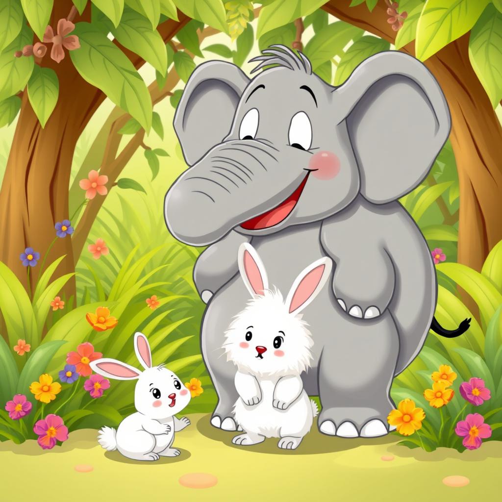 Whimsical Jungle Fun: Cartoon Elephant and Rabbit Scene