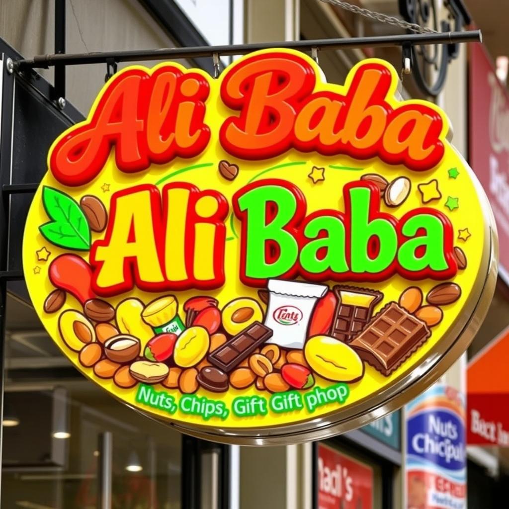 Vibrant Signboard Design for Ali Baba - Nuts, Chips & Chocolate Shop