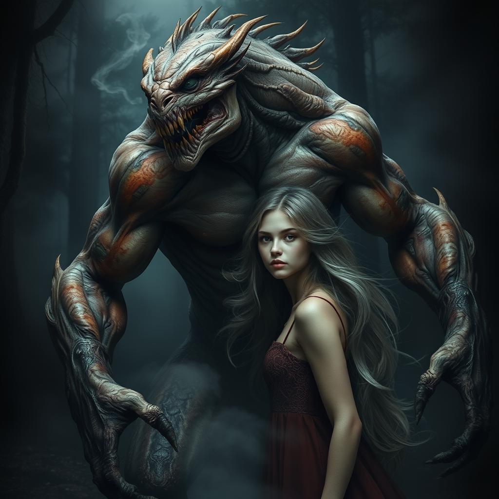 Ethereal Hybrid Monster: Merging Fierce and Serene Beauty in a Dark Forest