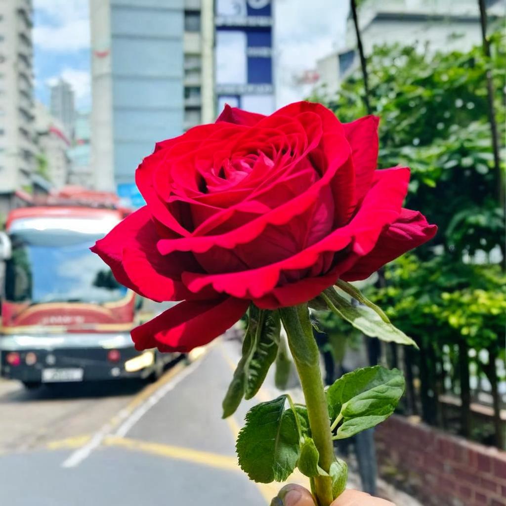 Captivating Red Rose Petals Amidst a Sunny Street Scene
