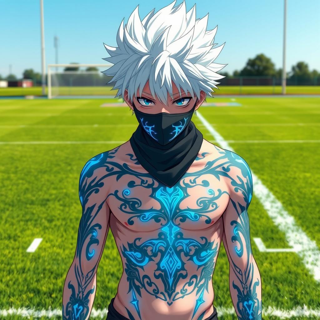 Mystical Anime Boy on a Football Field - Striking Artwork