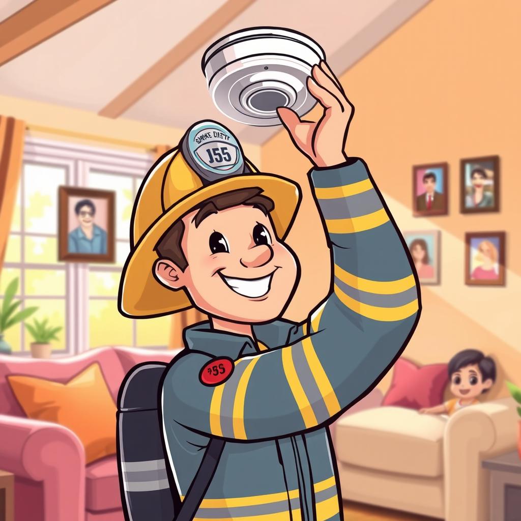 Firefighter Installing Smoke Detectors: A Cartoon Illustration Series