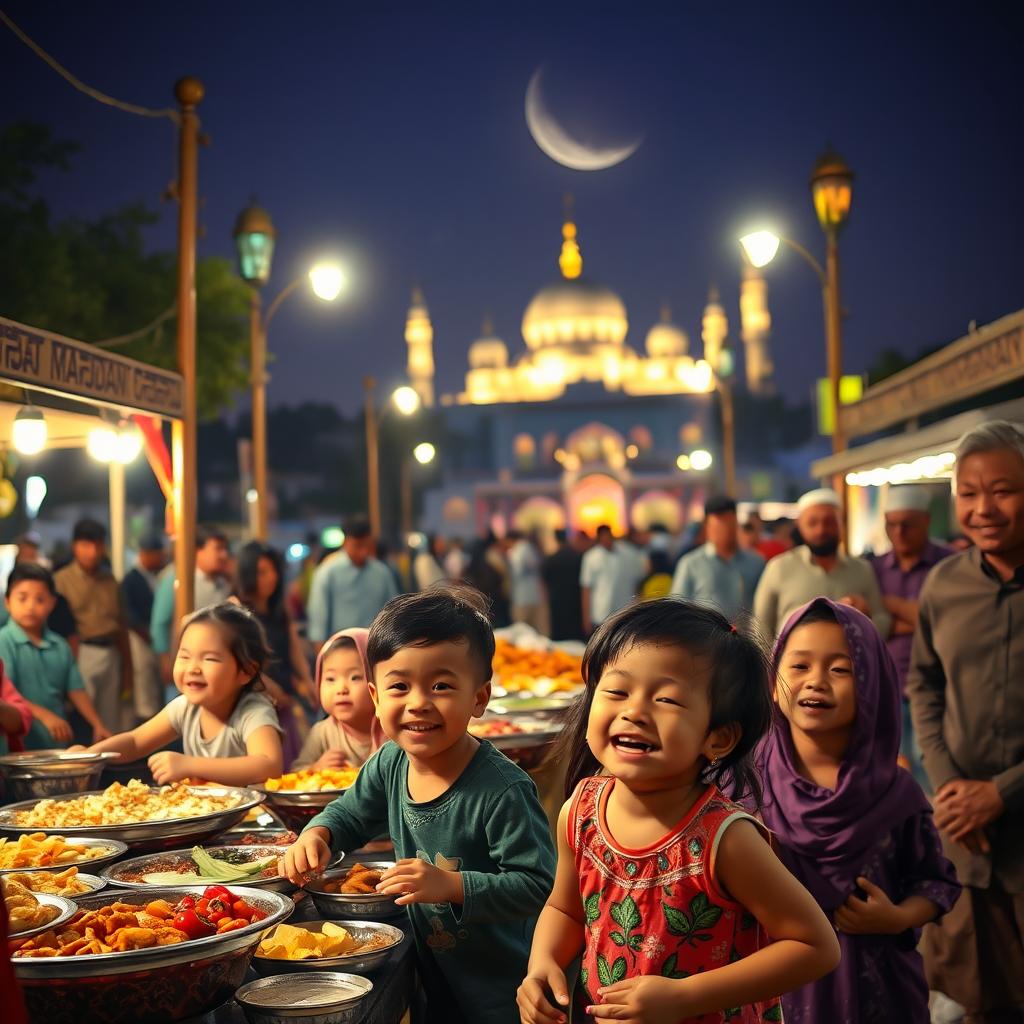 Vibrant Ramadan Night Scene: Joyful Children and Illuminated Mosque