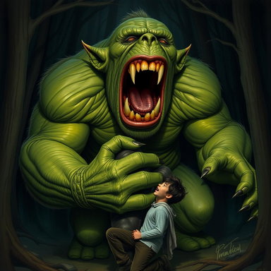 Epic Encounter: A Giant Troll Grips Its Prey in a Dark Forest