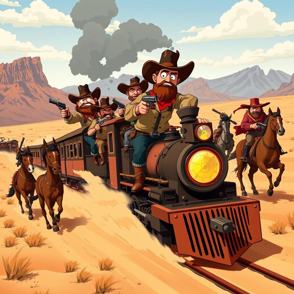 Thrilling Wild West Animated Scene: Cowboys & Bandits on a Speeding Train