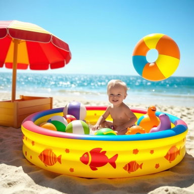 Vibrant Playful Rubber Pool Scene - Joyful Beach Day for Kids
