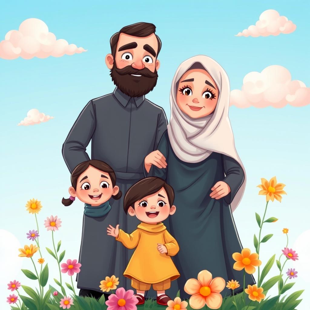 Vibrant Cartoon Illustration of an Iranian Family in Fantasy Style
