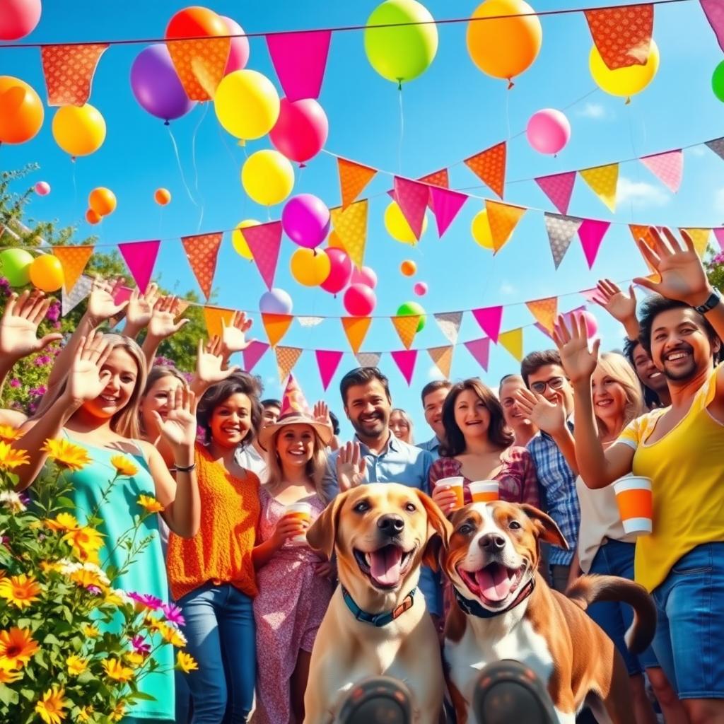 Cheerful Outdoor Greeting Party Scene - Vibrant Celebration