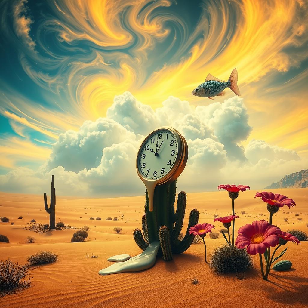 Dreamlike Surrealism: A Whimsical Desert Landscape with Melting Clock ...