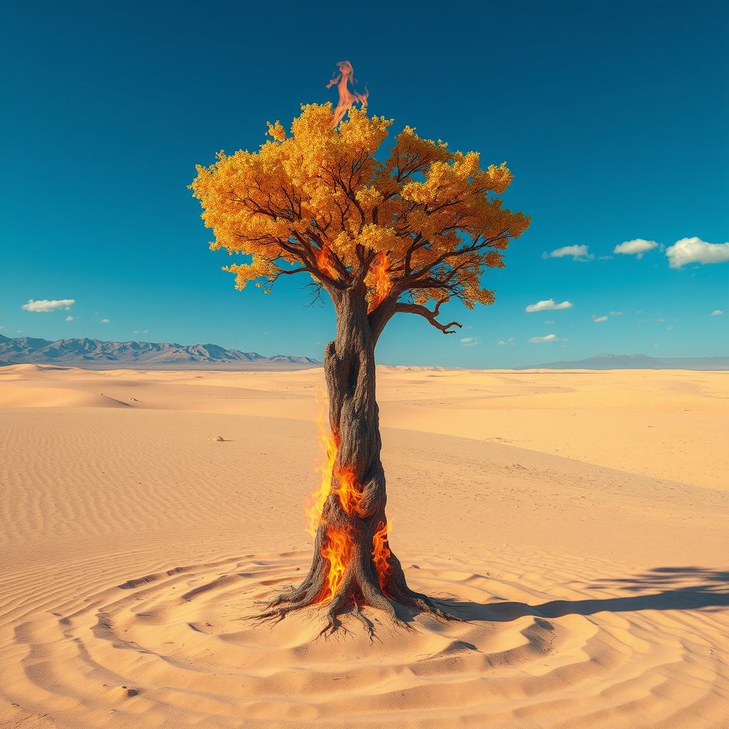 Surreal Art: Upside Down Burning Tree in a Desert Landscape