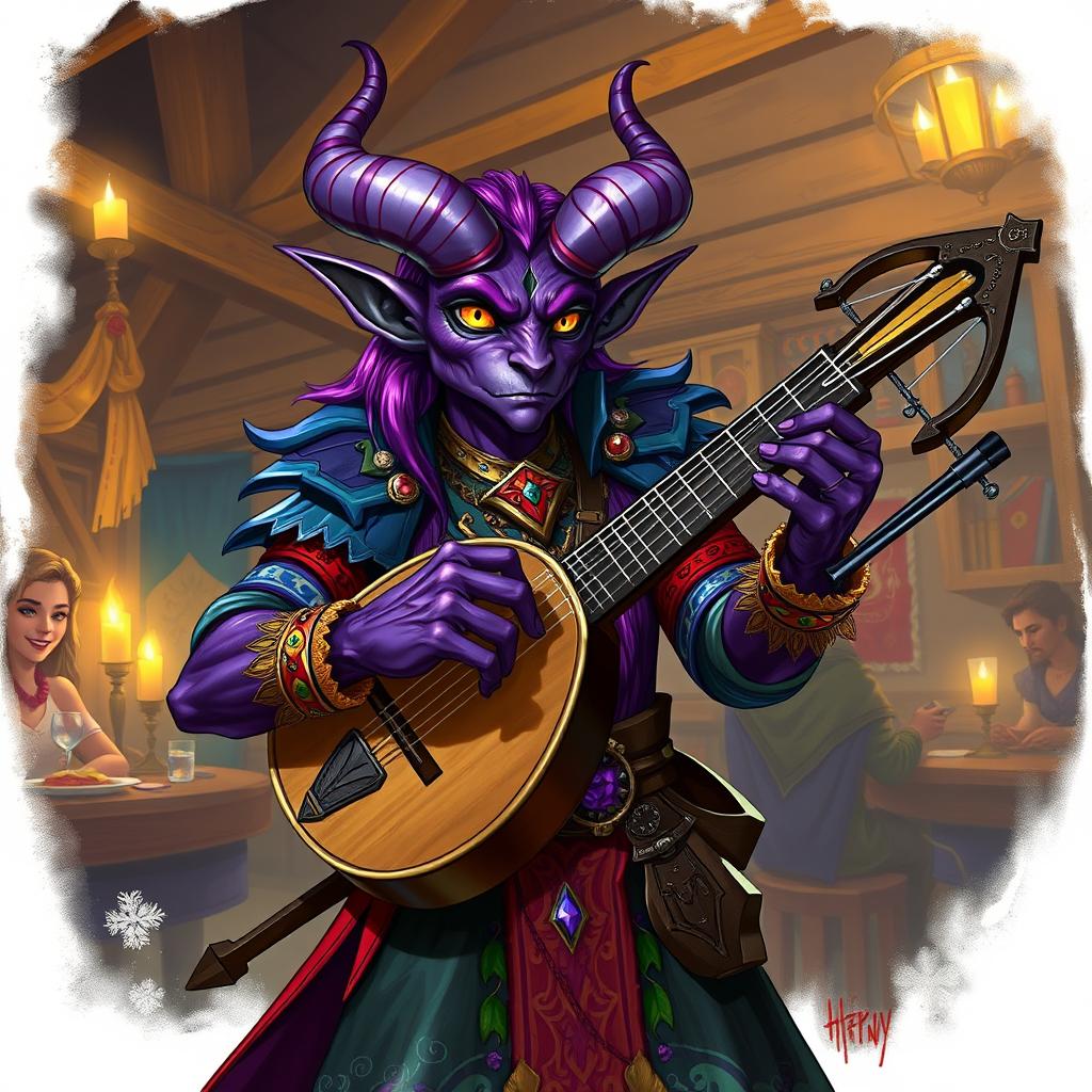 Enchanting Tiefling Bard: Lute and Crossbow in a Festive Tavern