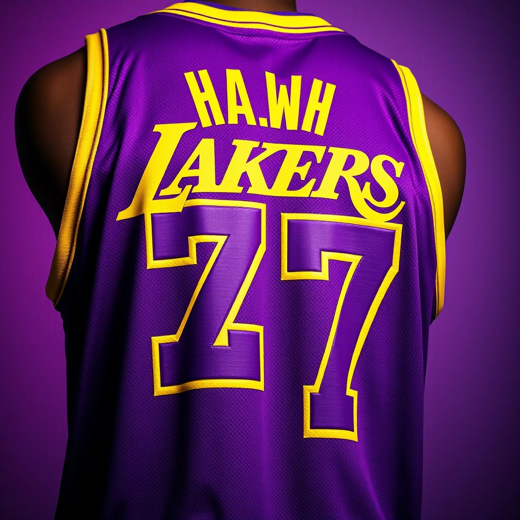 Vibrant LA Lakers Jersey: Iconic Number 77 Close-Up
