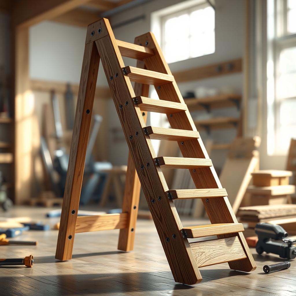 Realistic 3D Rendering of a 7-Step Wooden Ladder in Workshop Setting