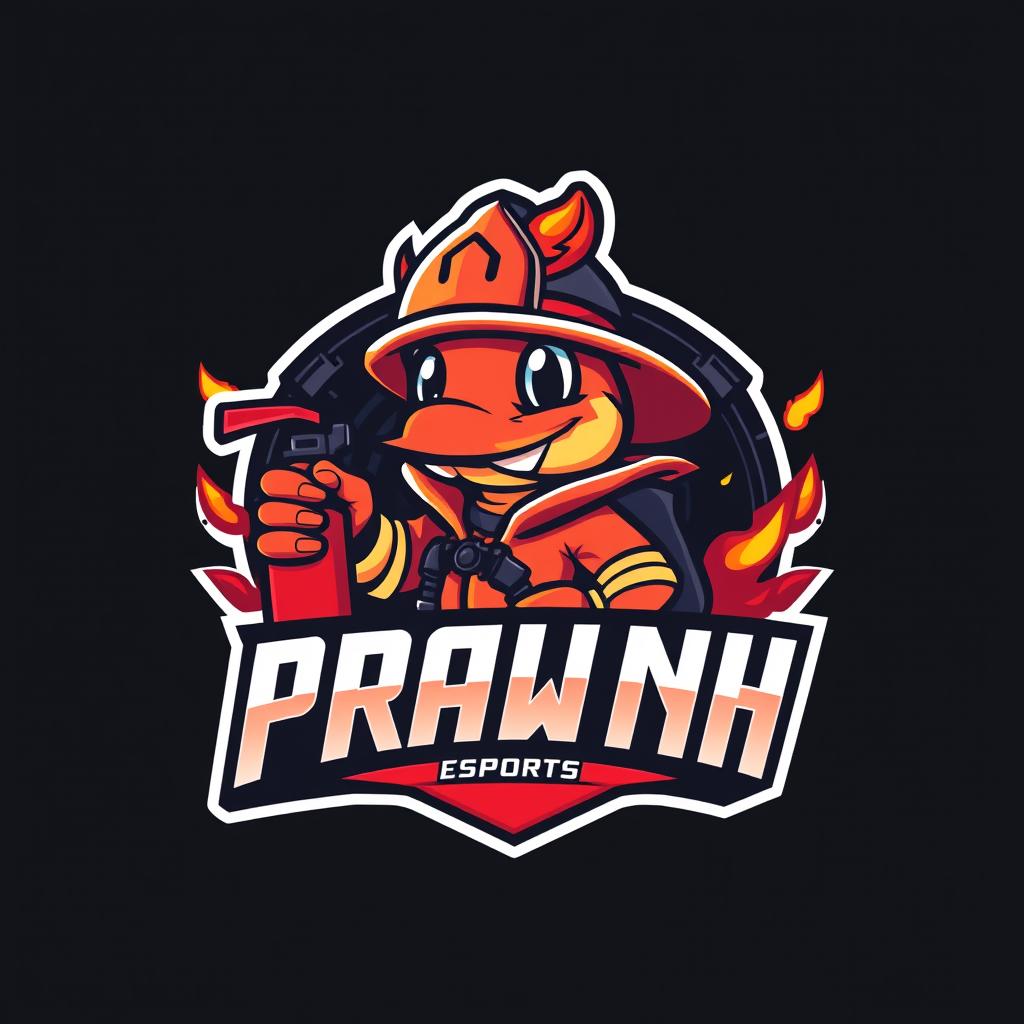 Dynamic Esports Logo with Cartoon Prawn Firefighter