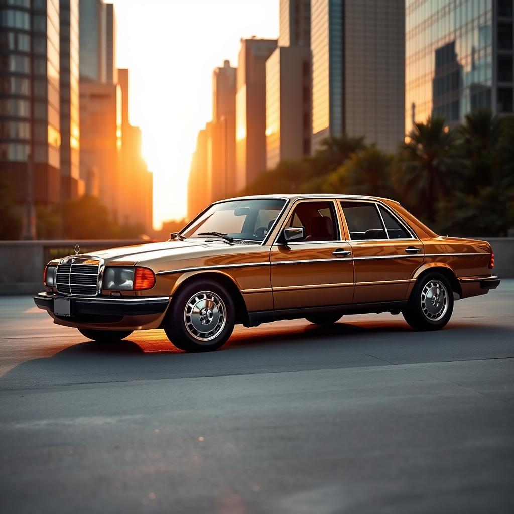 Stunning Golden Chrome W124 Mercedes-Benz in Urban Elegance
