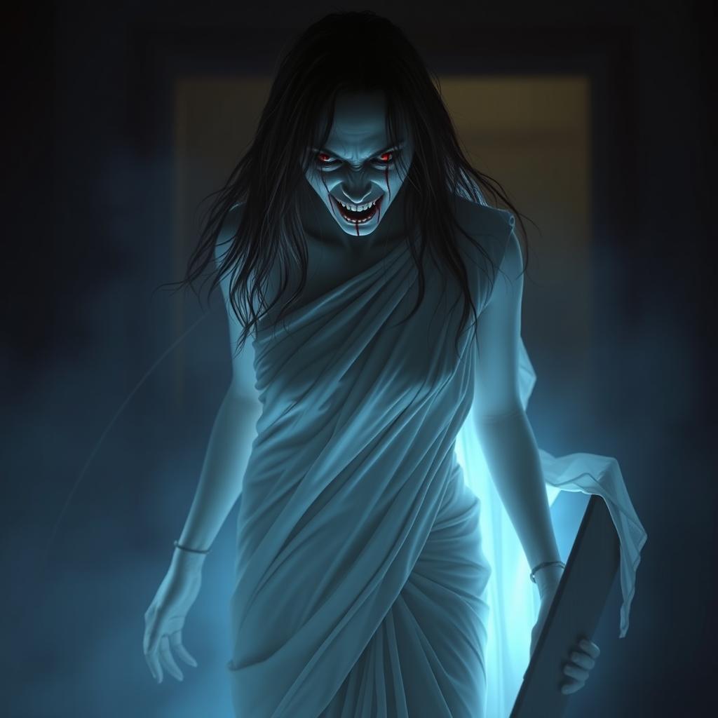 Terrifying Ghostly Woman in White Saree: A Haunting Image