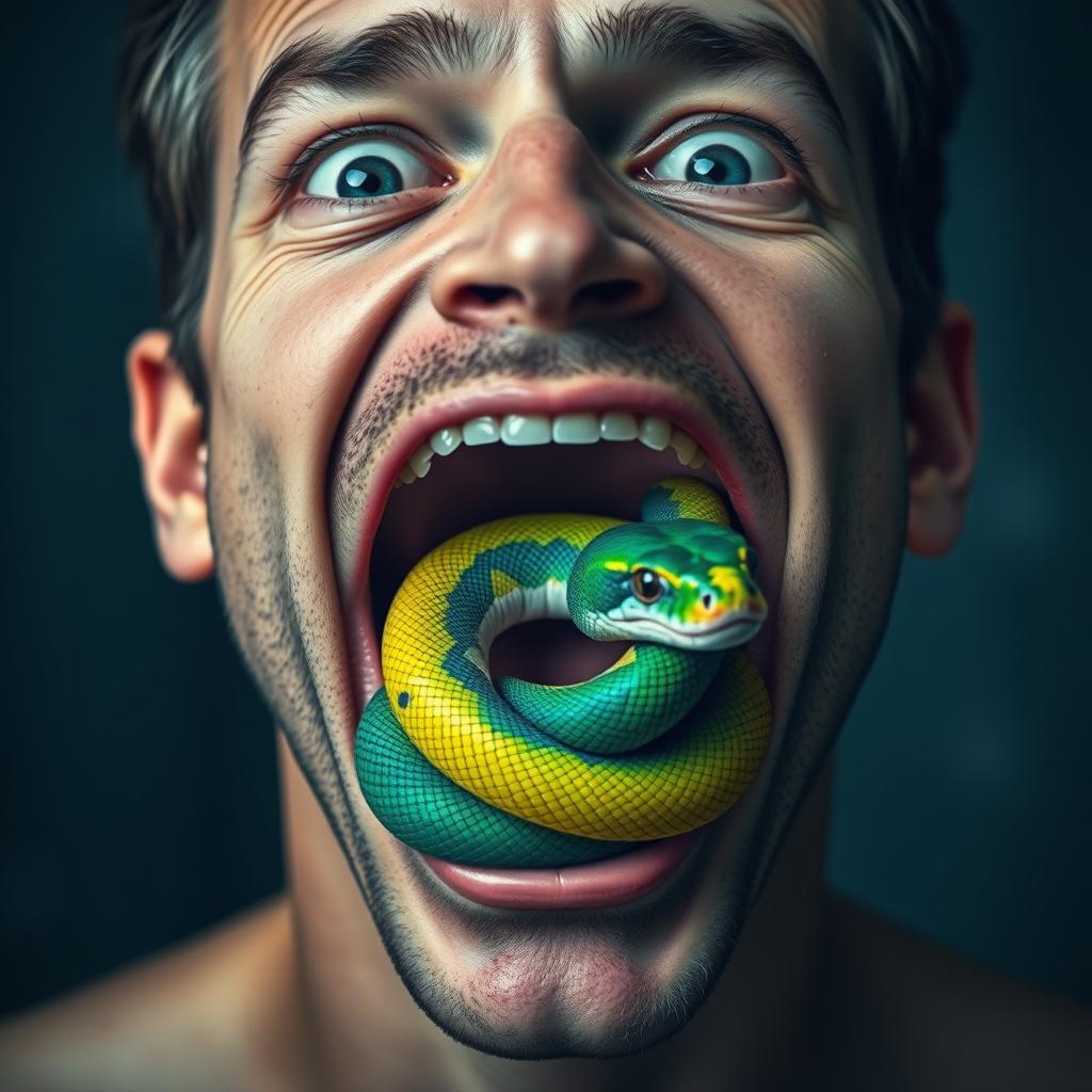 Surreal Surprises: A Man and His Colorful Snake Companion