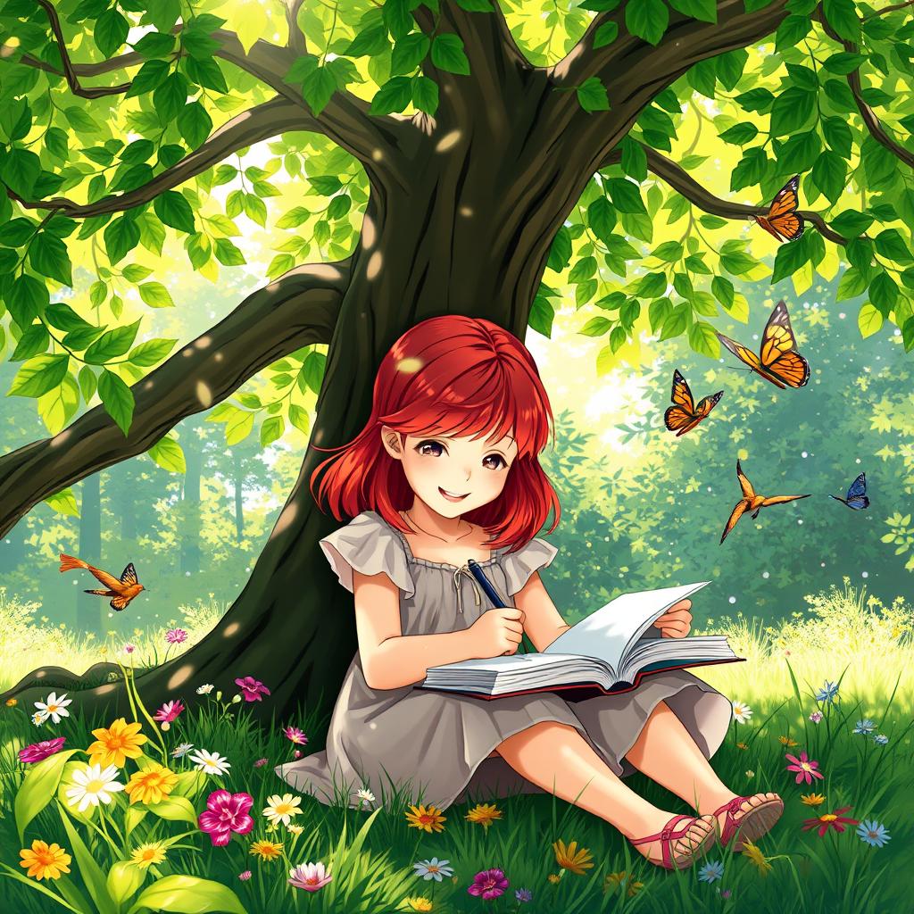 Enchanting Scene of a Young Girl Writing Beneath a Tree