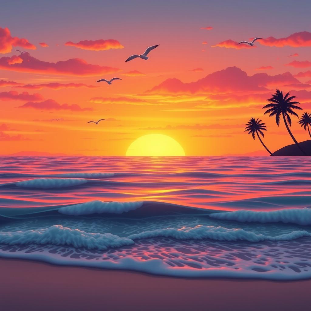 Tranquil Beach Sunset Animation - A Soothing Evening by the Ocean