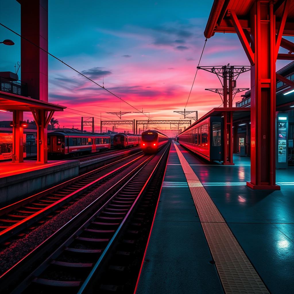 Vibrant Train Station: A Dramatic Evening Glow