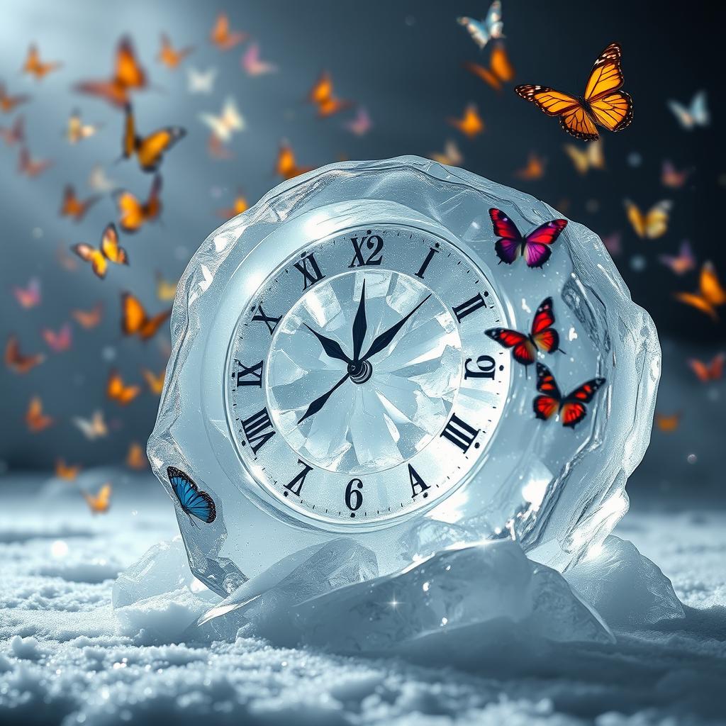 Ethereal Ice Clock with Vibrant Butterflies | Stunning AI Art