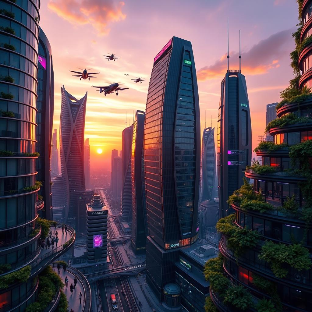Futuristic Cityscape at Sunset: A Glimpse into 2030