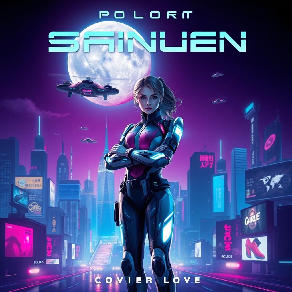 Futuristic Sci-Fi Movie Poster Design - Neon Skyline & Strong Protagonist