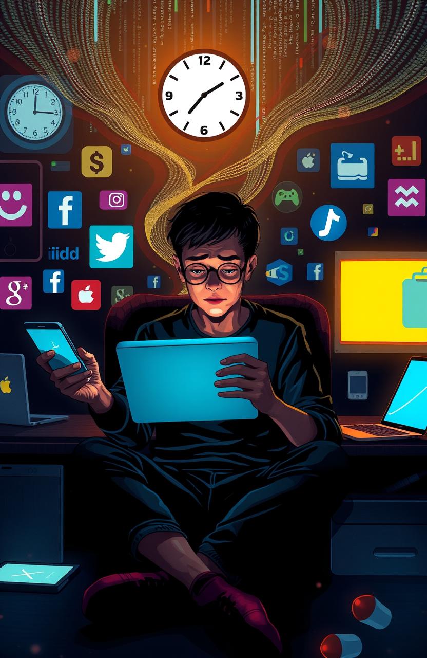 The Struggle Against Digital Addiction: A Surreal Illustration