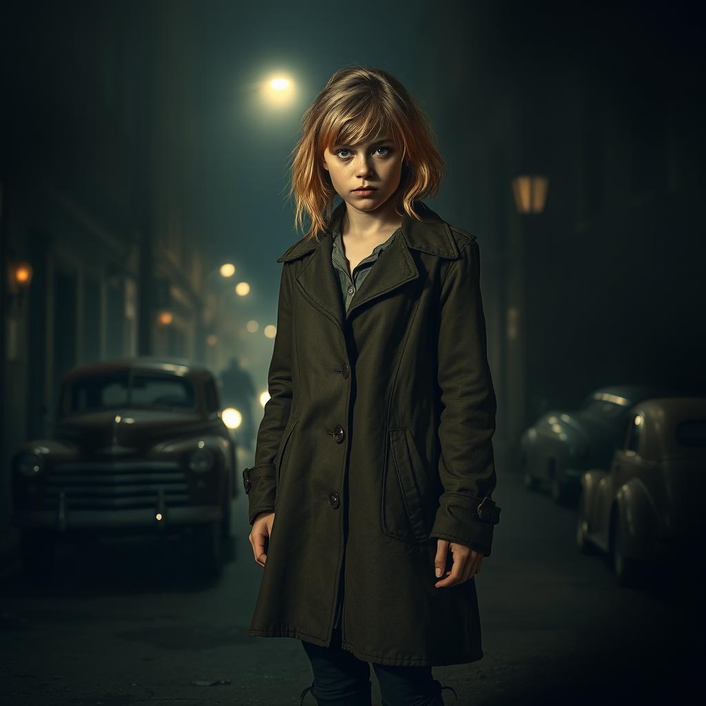 Gritty Film Noir: Resilient 18-Year-Old Street Urchin in 1940s Alley