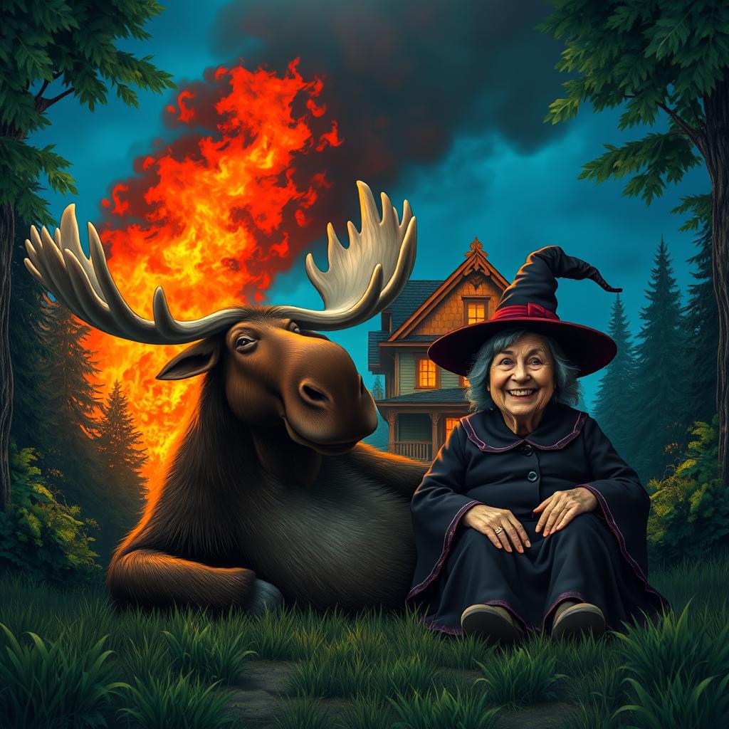 Whimsical Moose & Mischievous Grandmother: A Surreal Scene